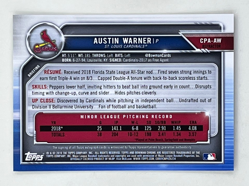 Austin Warner 2019 Topps Bowman Chrome Refractor Auto 1st /499 #CPA-AW ...