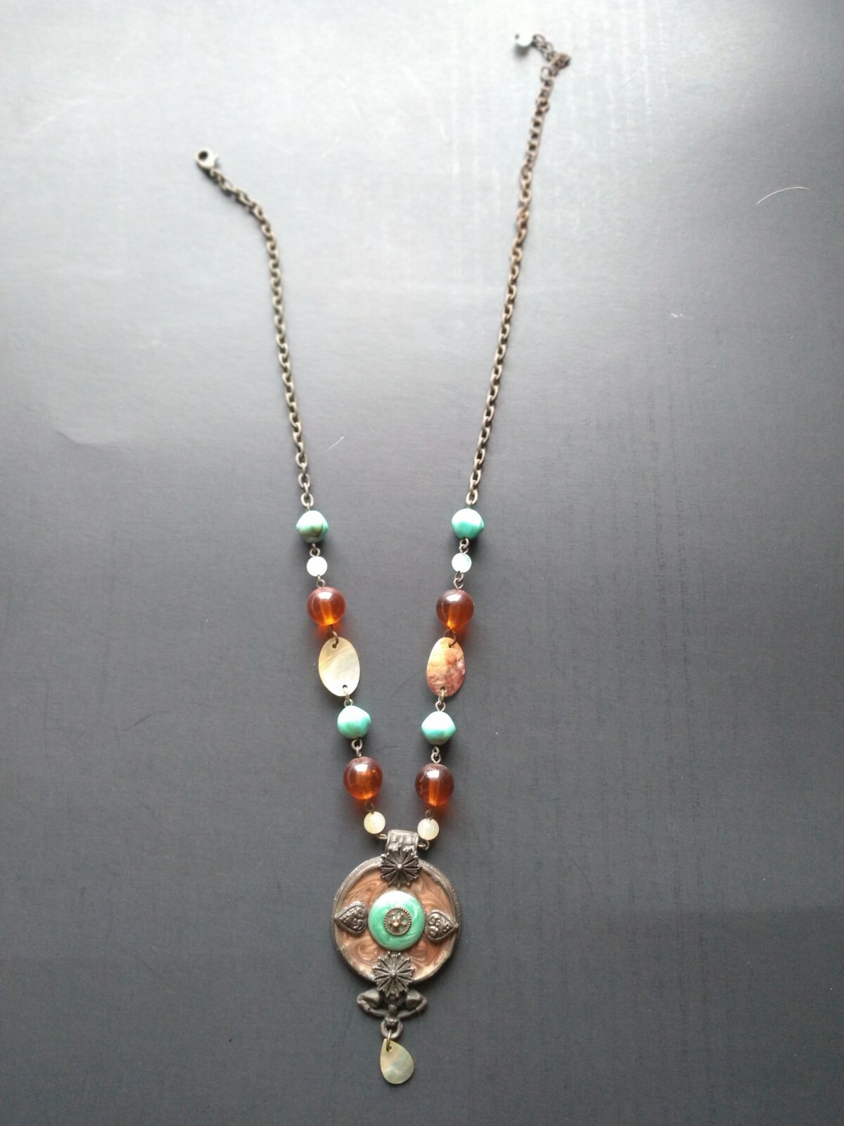 Native American Pendant Necklace with Turquoise, Amber and Seashell ...