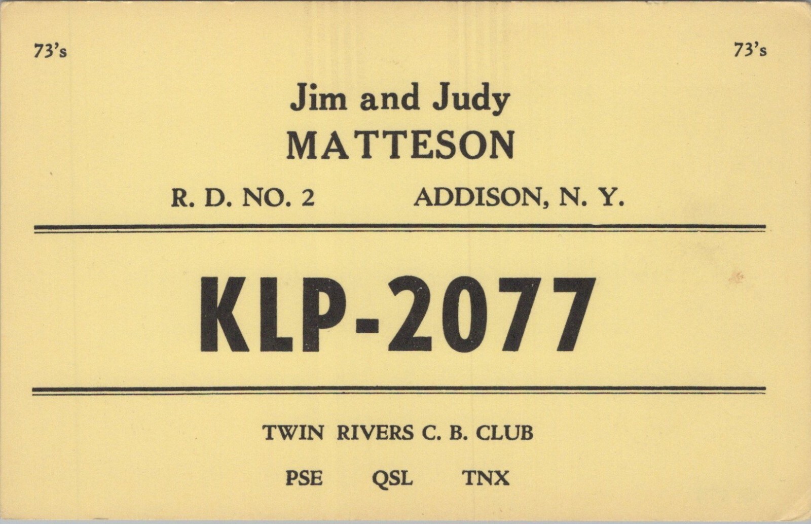 vintage CB radio QSL postcard Jim Judy Matteson 1960s Addison New York ...