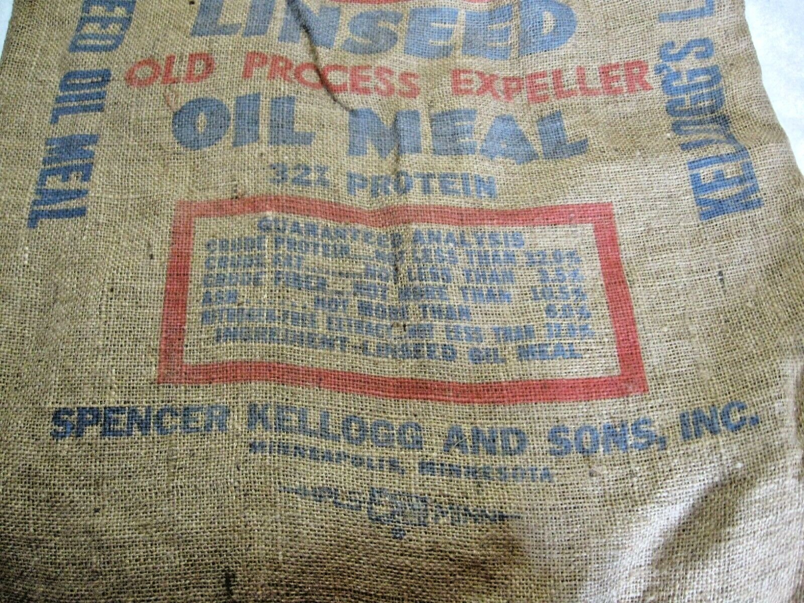 Vintage SPENCER KELLOGG LINSEED OIL MEAL Large 100# Two Color Burlap ...