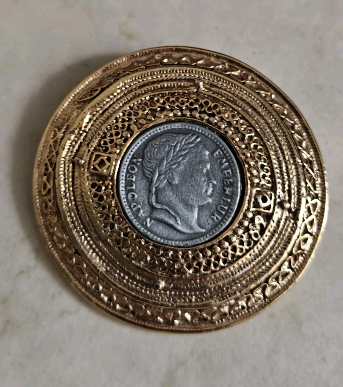 Vintage Faux Coin Napoleon Bonaparte Brooch Ornate Te… - Gem