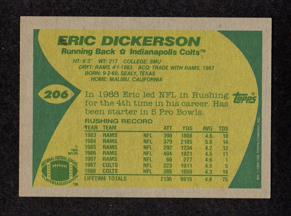 1989 Topps #206 Eric Dickerson Indianapolis Colts HOF Card EX/MT 12% ...