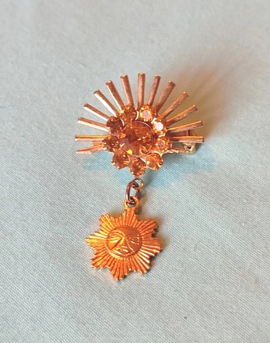 Vintage Czech Gold Tone Amber Topaz Glass MCM Sun Burst Brooch Pin ...