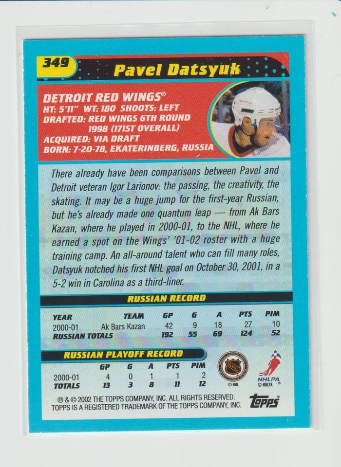 Pavel Datsyuk 01-02 Topps Redemption RC #349 | eBay