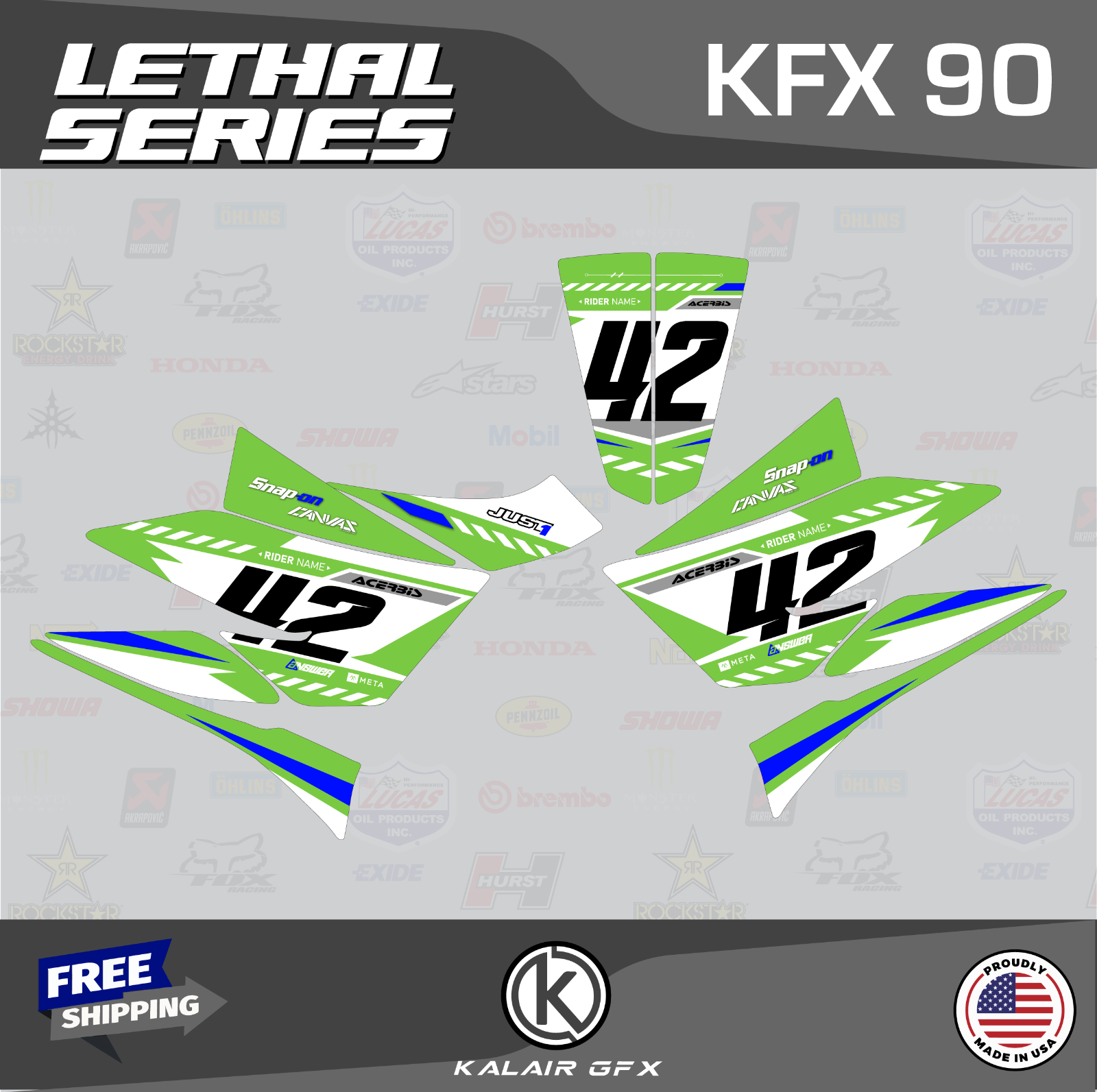 Graphics Kit for KAWASAKI KFX 90 2007-2022 Lethal Series - Green (16 ...