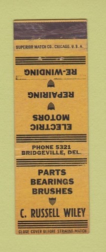 Matchbook Cover - Russell Wiley Bridgeville DE Electric Motors YELLOW ...
