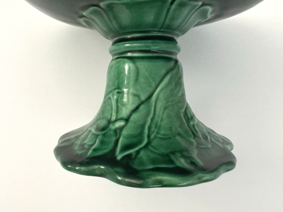 Antique Majolica Compote Pedestal Serving Dish Green Leaf Floral ...