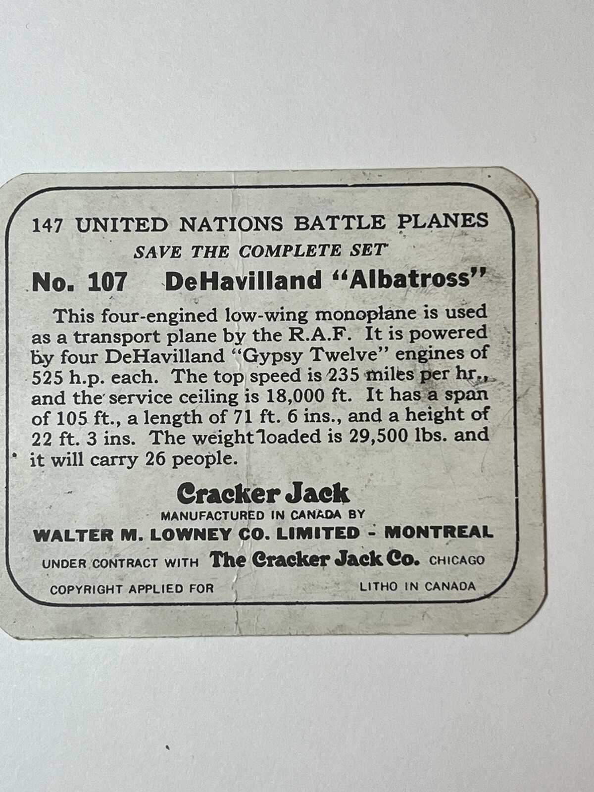 1940s United Nations Battle planes CRACKER JACK /Lowney V407-3 WW2 #107 ...