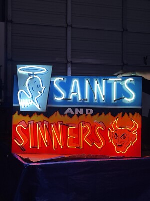 World Famous “Saints & Sinners” Glass Neon Bar Sign Vintage NM Lowrider ...