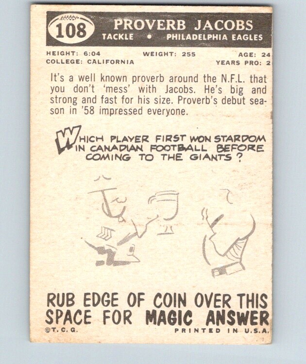 1959 TOPPS FOOTBALL #108 PROVERB JACOBS MID GRADE FI | eBay