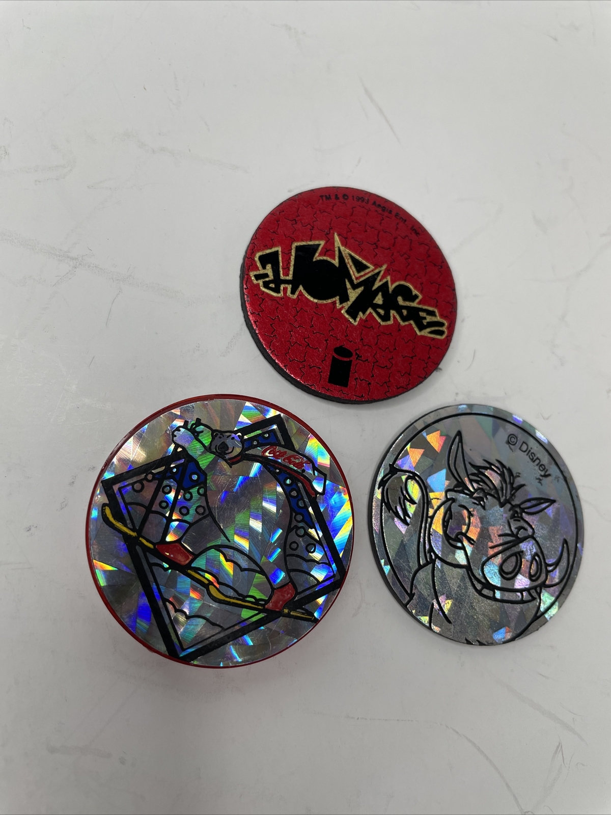 3 Vintage Pog Plastic Slammers- Polar Bear Coca Cola Skiing, Lion King ...