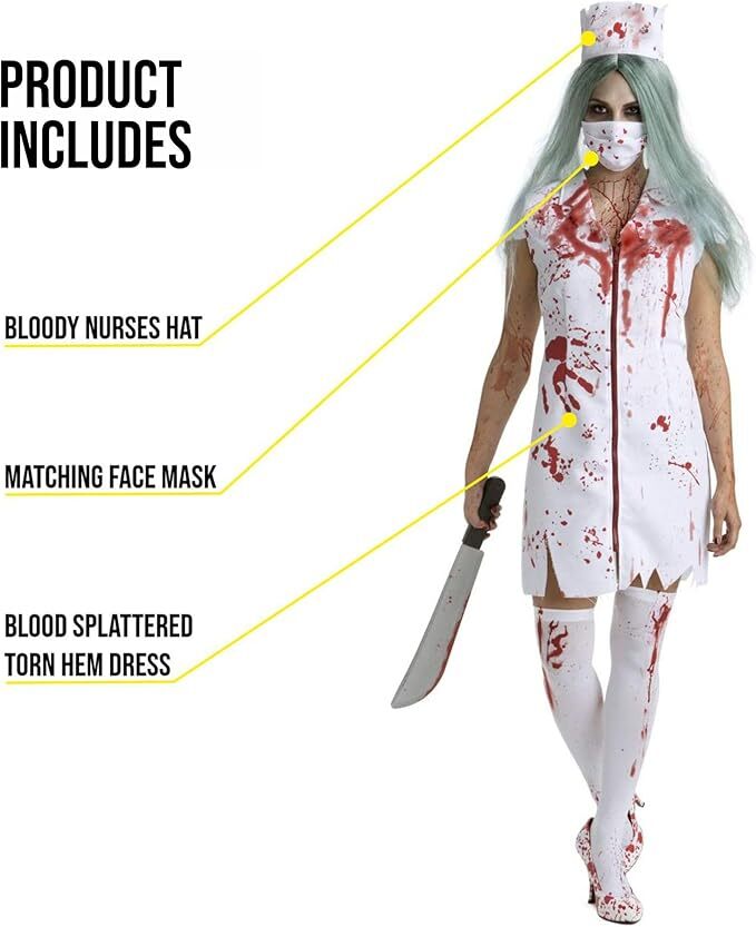 Women`s Bloody Zombie Nurse Halloween Costume + Hat Horror Scary ...