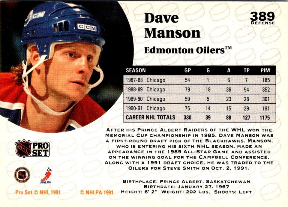 1991 Pro Set Dave Manson #389 Edmonton Oilers Hockey Card | eBay