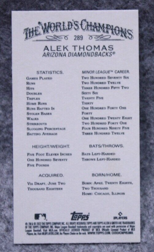 2022 Topps Allen & Ginter Alek Thomas Base Mini RC #289 Diamondbacks | eBay