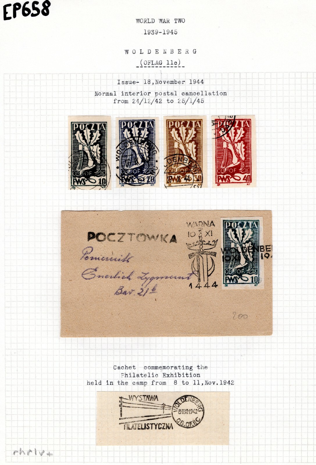 POLAND WW2 POW CAMP Stamps{4} Card & Piece WOLDENBERG Oflag 11c 1942-44 ...