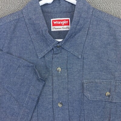 Wrangler Button Up Shirt Mens Large Short Sleeve Blue Solid Casual ...