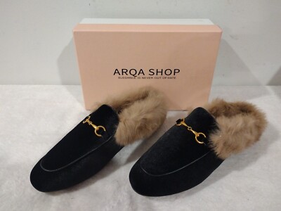NEW ARQA Velvet Fur Lined Mules Women Leather Loafers Pointed Toe Mule ...