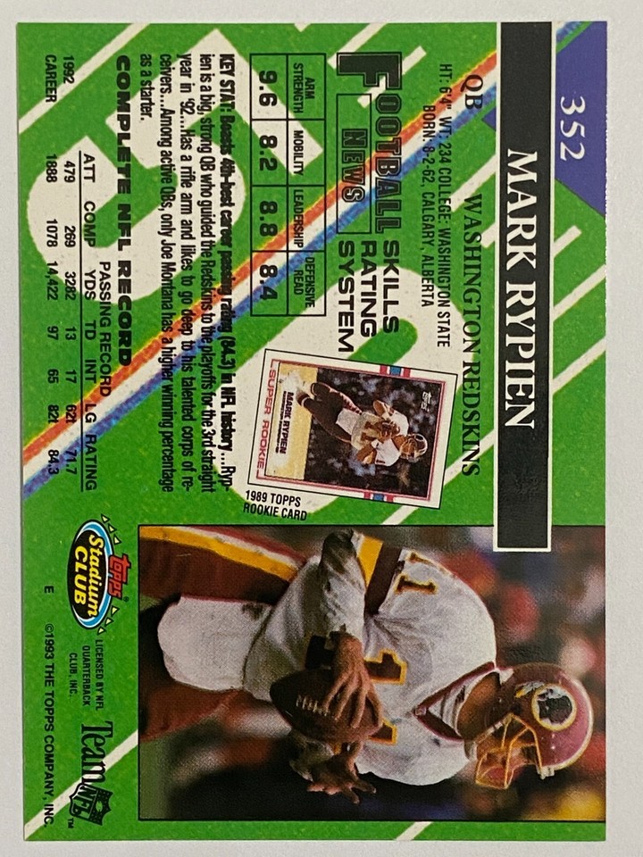 1993 Topps Stadium Club #352 Mark Rypien Washington Redskins | eBay