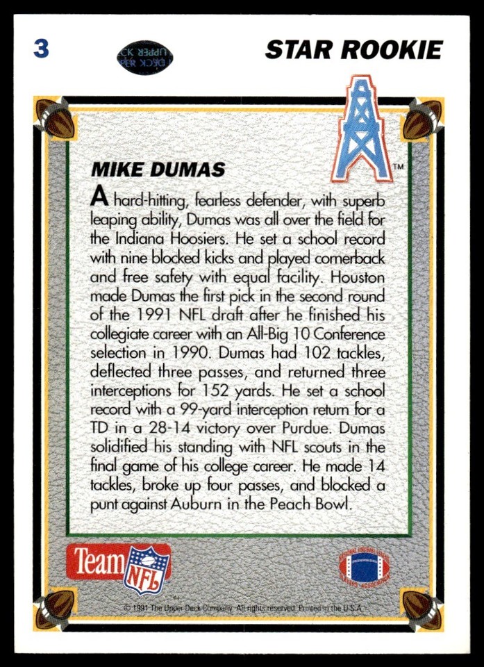1991 Upper Deck Mike Dumas Rookie Houston Oilers #3 | eBay