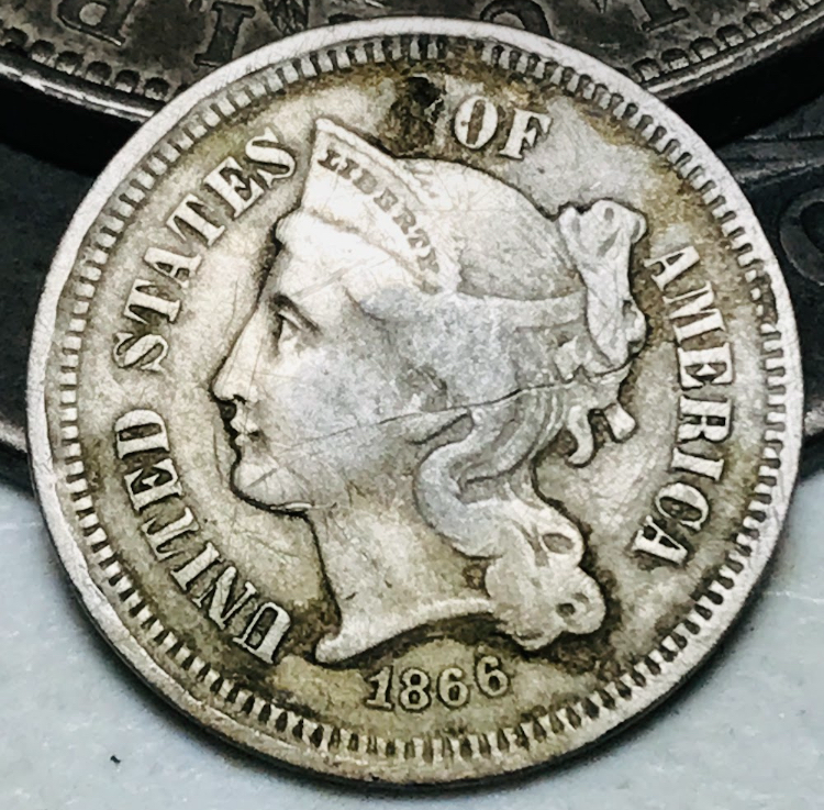 1866 Three Cent Nickel Piece 3C Ungraded Post-Civil War Date US Coin ...