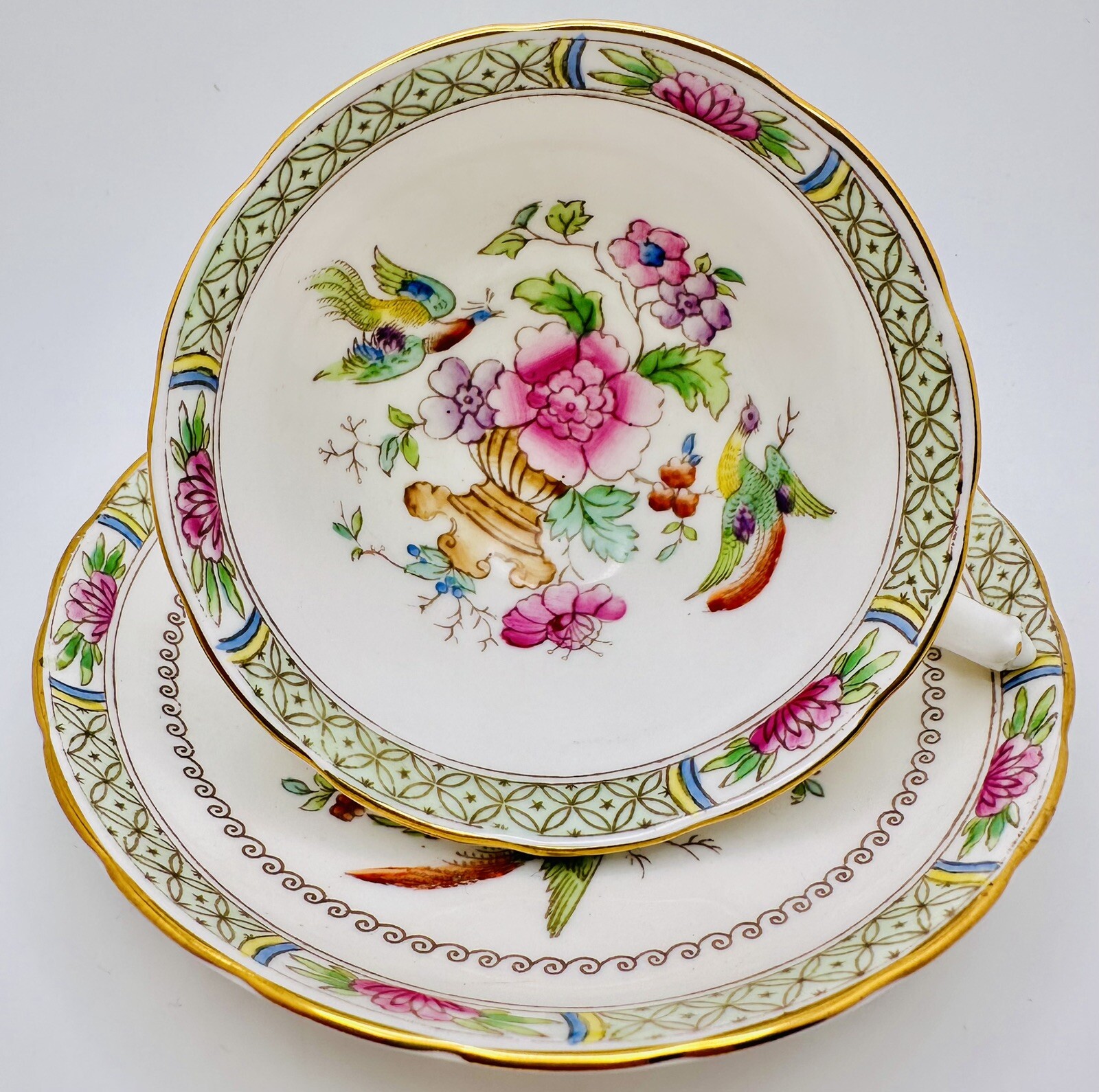 Vintage Tuscan England Birds Rose Floral Urn Scroll Wide Cup & Saucer ...