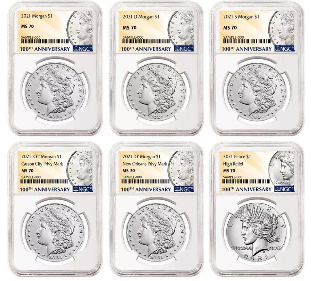 2021 $1 Morgan & Peace Silver Dollar 6pc Set NGC MS70 100th Anni. Label ...