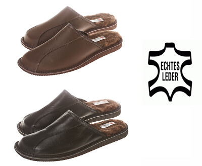 Herren LEDER HausSchuhe mit Lammwolle Pantoffeln Latschen Schlappen ...