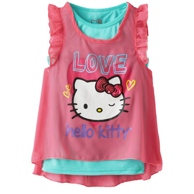 Hello Kitty Little Girls 2-Layer Blouse Ruffle Sleeves Glitter Chiffon ...