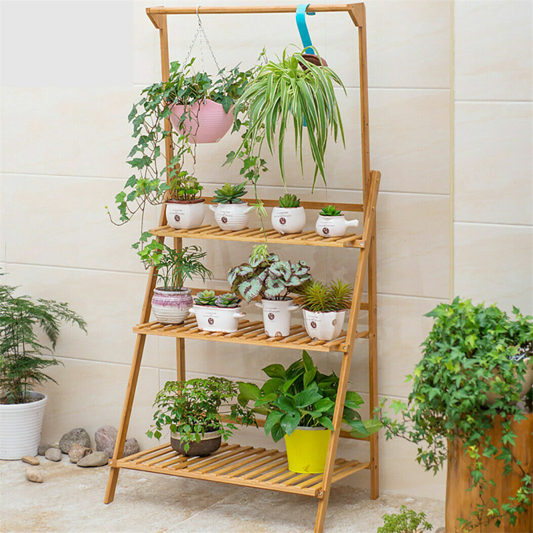 3 Tier Foldable Bamboo Ladder Plant Stand Flower Storage Shelving ...