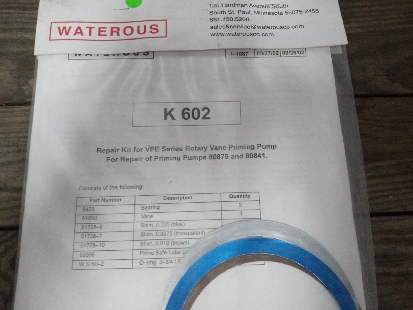 Waterous K602 Repair Kit for Rotary Van Priming Pump 80875 and 80841 ...