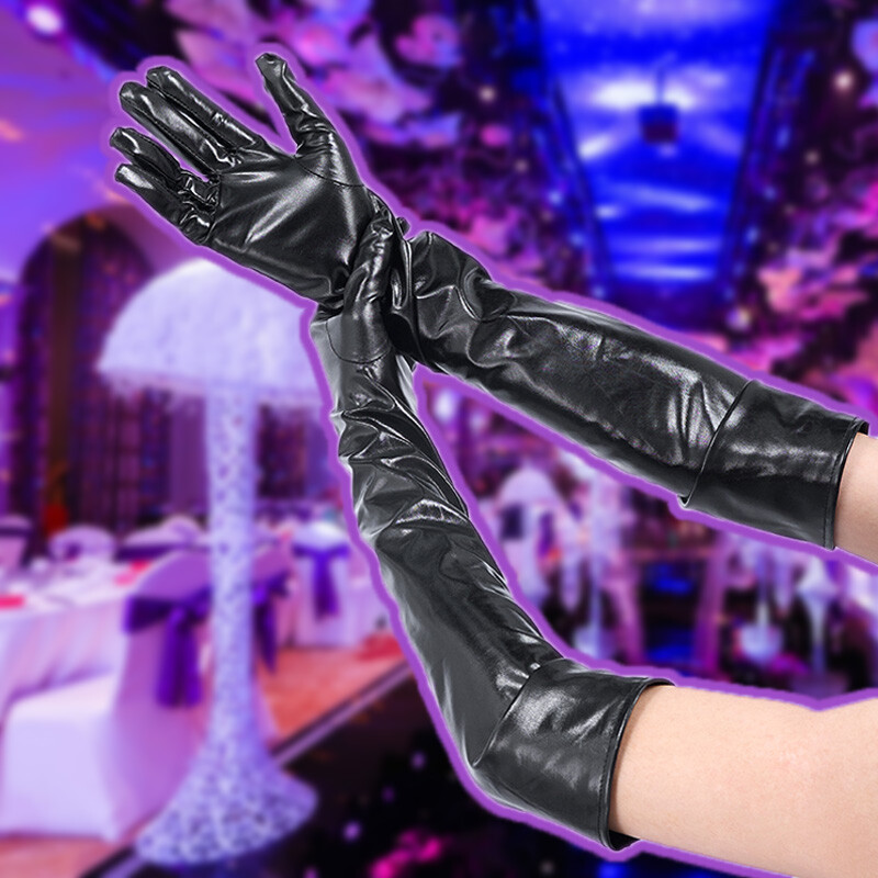 Women's Long Gloves Patent Leather Wet Look Arm Opera Mittens Nightclub ...