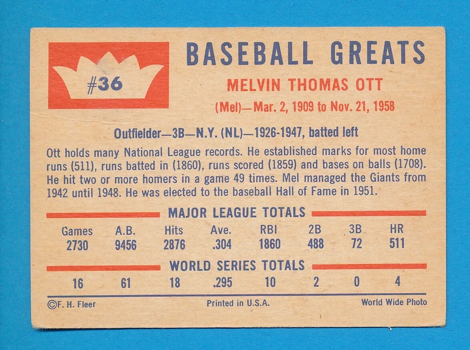 GD-VG MASTER MELVIN MEL OTT HOF 1960 FLEER GREATEST #36 CREASED TOP ...