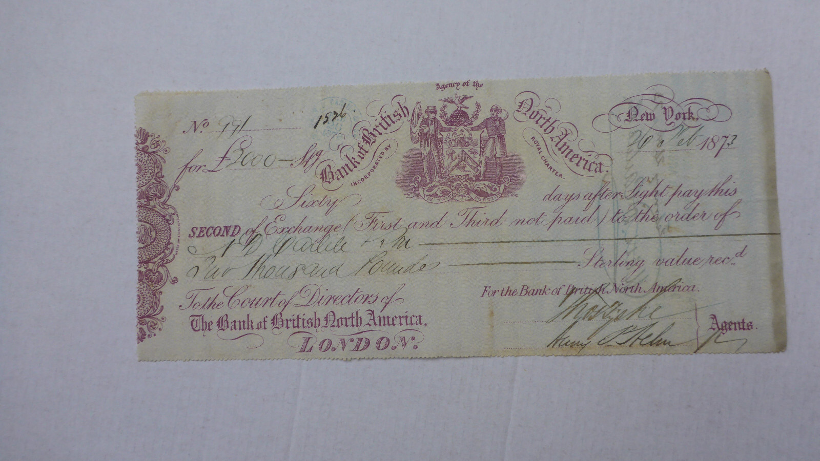 1873 early American bill of exchange Bank | Grelly UK