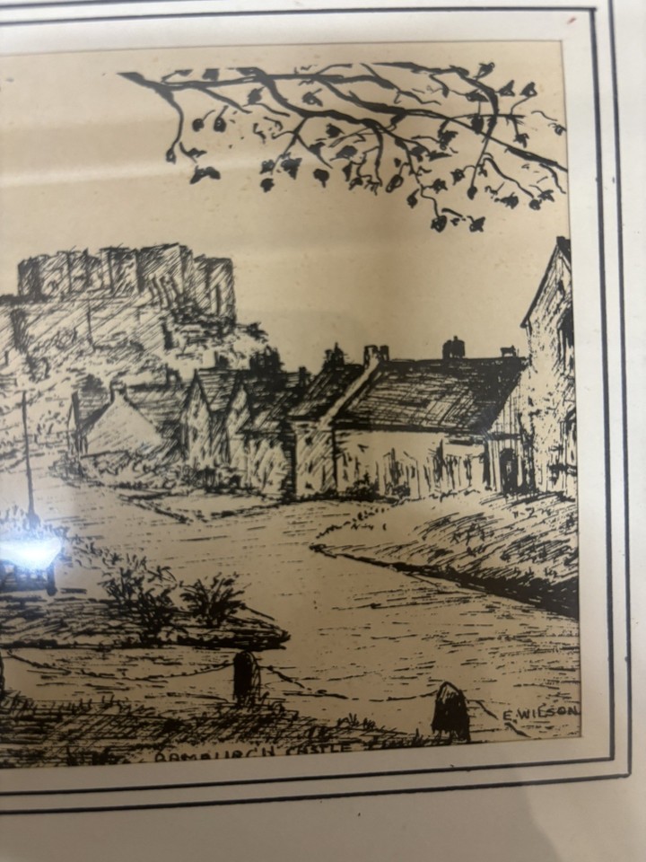 Bamburgh Castle and Town, etching, signed Marion Rhodes, British, 20th ...
