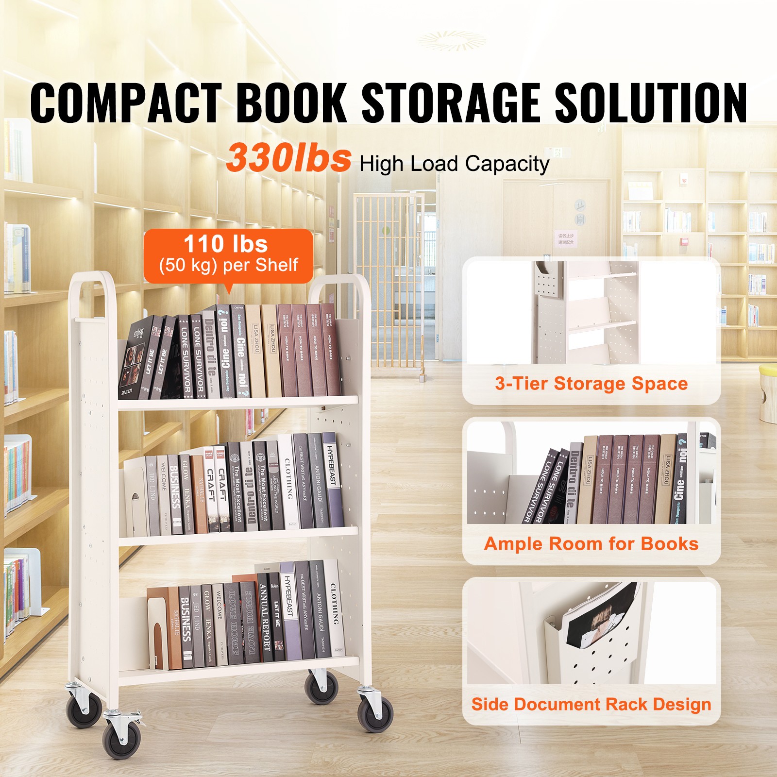 Book Cart Library Cart 330 lbs Capacity with V-Shaped Shelves in White ...