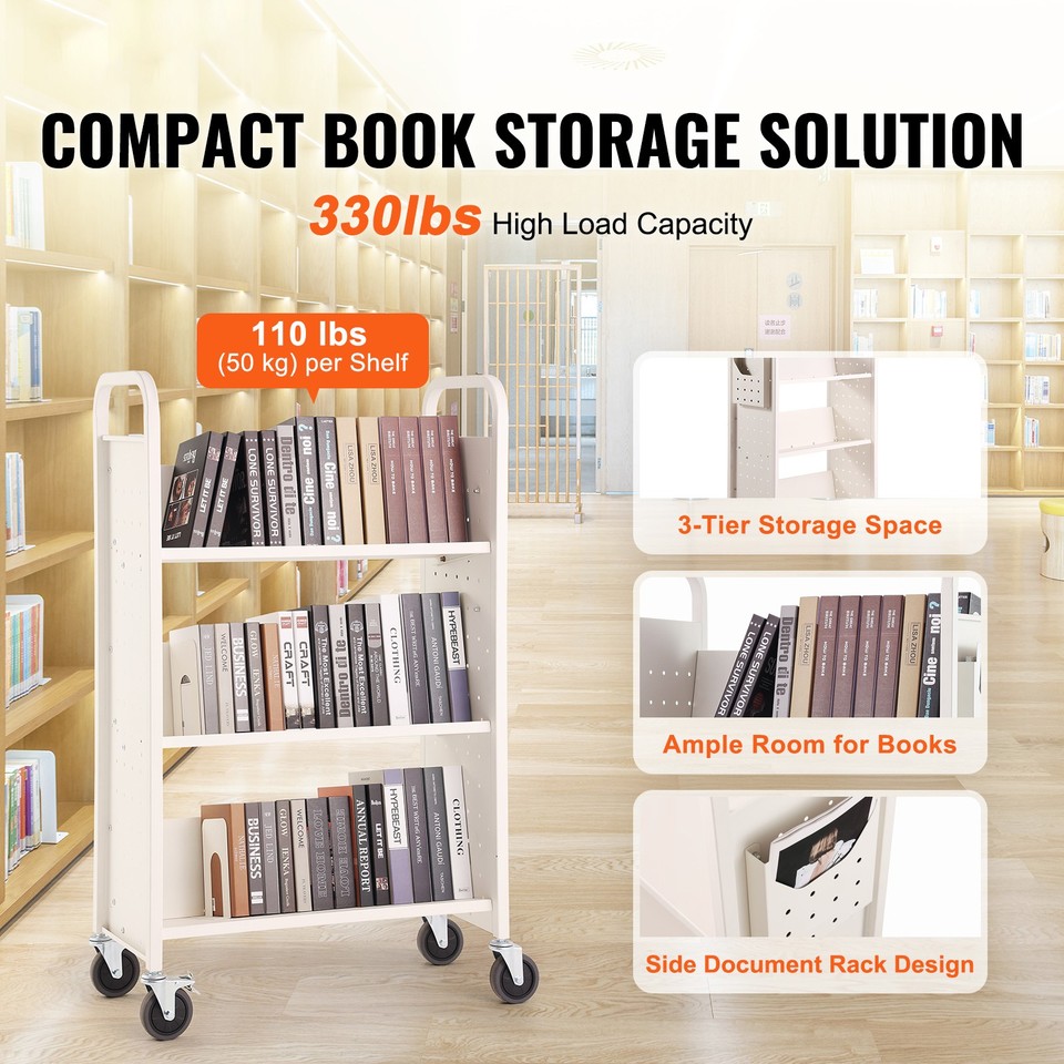 Book Cart Library Cart 330 lbs Capacity with V-Shaped Shelves in White ...