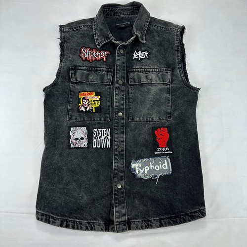 Black Denim Punk Rock Band Patch Vest Metalhead Grunge Cut Off Jacket ...