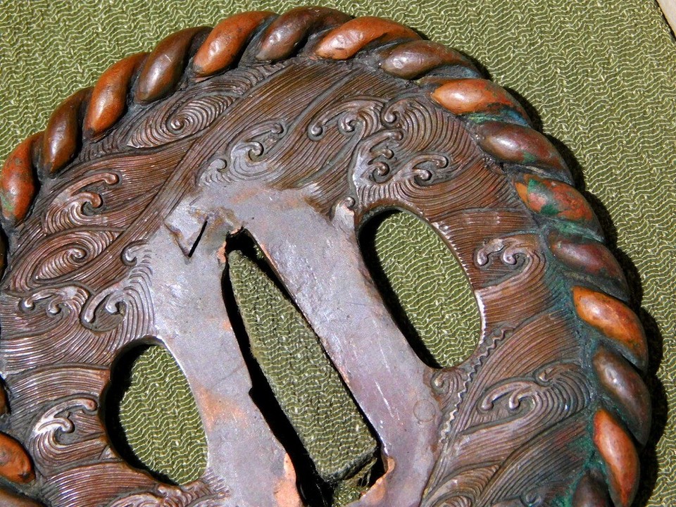 Rare Design Wave and Spiral Mimi Great Carving Tsuba Edo original tsuba ...