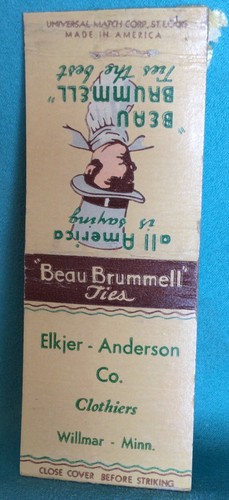 Matchbook Cover Elkjer Anderson Co. Clothiers Willmar MN Beau Brummell ...