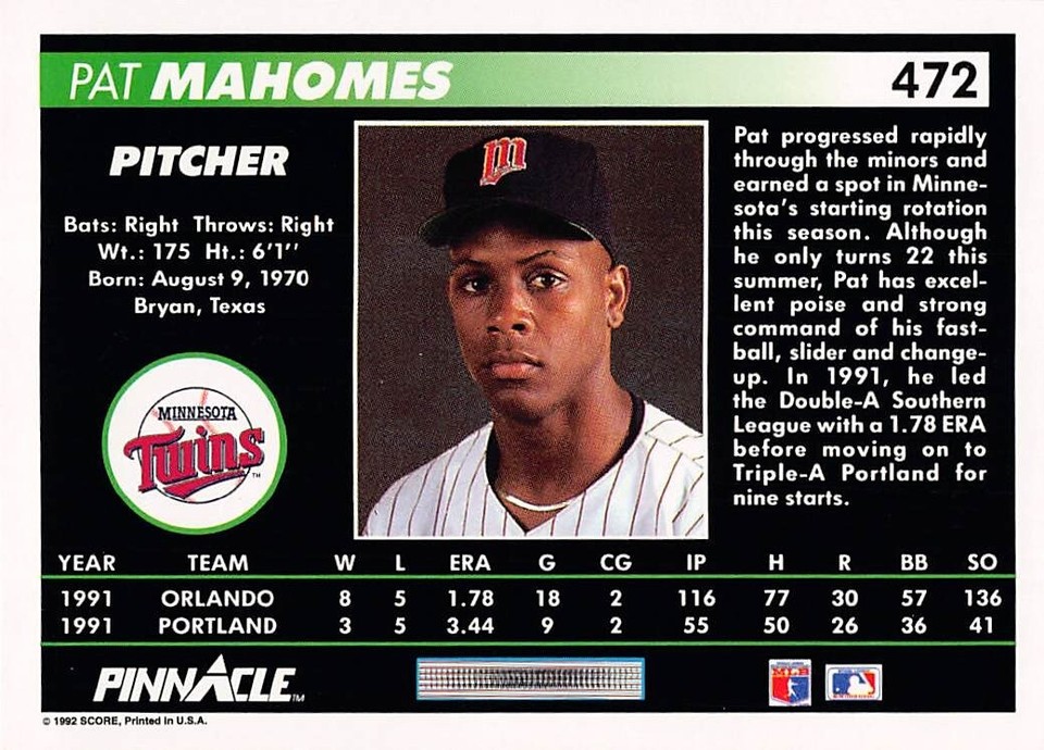 1992 Pinnacle Baseball Pat Mahomes Rookie Card #472 NM/MT MINNESOTA ...