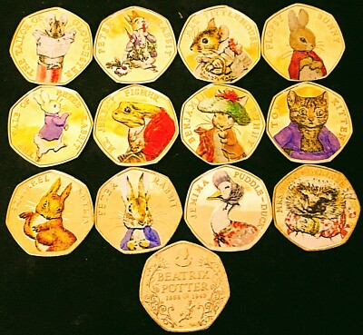 24ct Gold Plated Full Beatrix Potter 50p coin set with decals 2016 ...