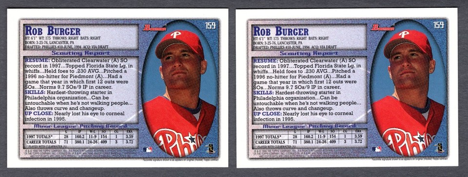 (2) 1998 BOWMAN ROB BURGER ROOKIE CARD #159 LOT **NM-MT** PHILADELPHIA ...