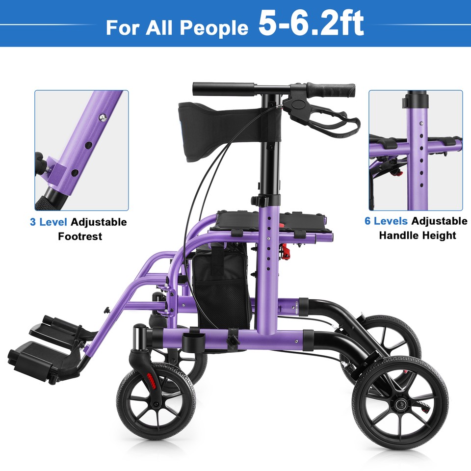 Adjustable 2 in 1 Medical Rollator Walker Folding 10” Wheels Transport ...