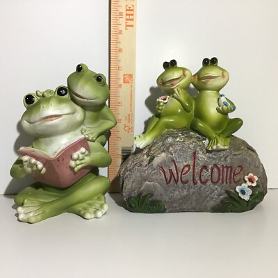 RESIN 7” FROG ON ROCK WELCOME SIGN/FROGS READING GARDEN,YARD,HOME DECOR ...