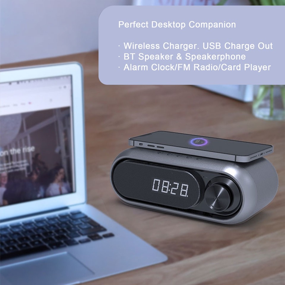 Metallic Gray/Pearl White LED Alarm Clock with BT 5.1 Speaker, Wireless ...