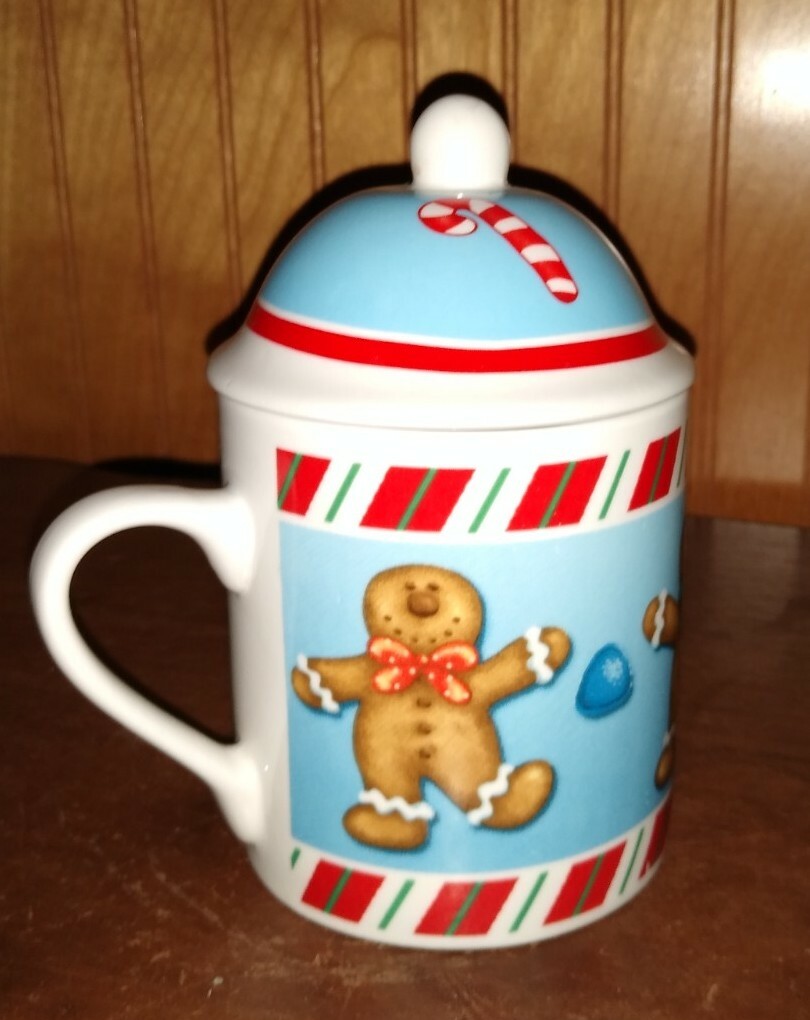 Gingerbread Man Coffee Mug With Lid Blue & White W/ Peppermint Stripes ...