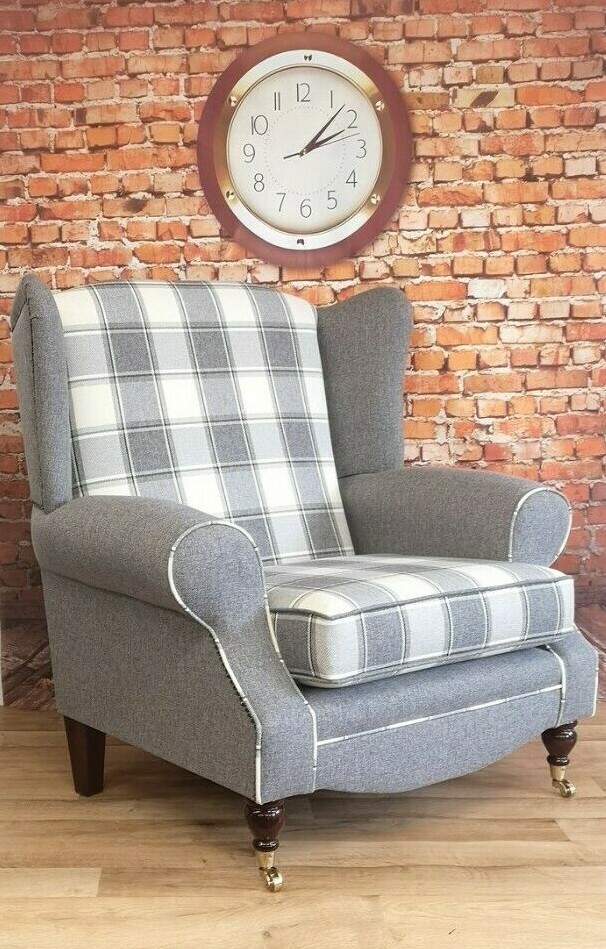 Snuggle Fireside Chair EXTRA WIDE - Aldernay Grey Tartan & Plain Grey ...