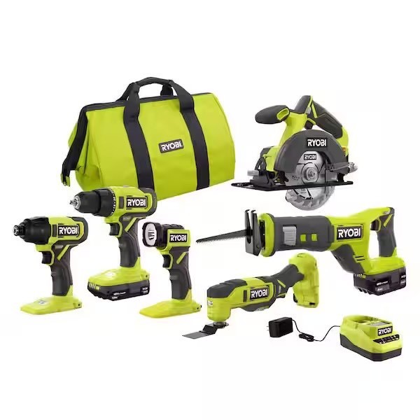 Ryobi ONE+ 18V Cordless 6-Tool Combo Kit with 1.5 Ah Battery, 4.0 Ah ...