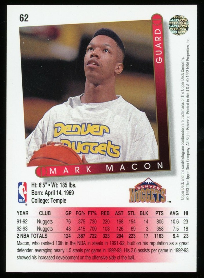 1993-94 Upper Deck Mark Macon Card #62 | eBay