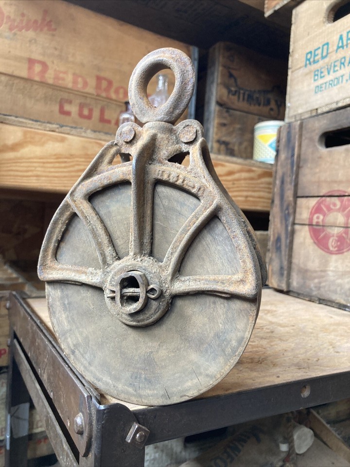 Antique Cast Iron Wood Wheel Pulley Block Tackle Vintage Metal Farm ...